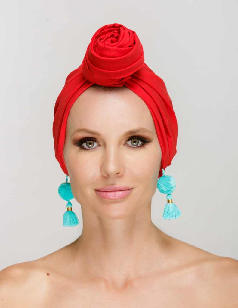 RED TURBAN WITH AQUA TASSLES - Shapoh
