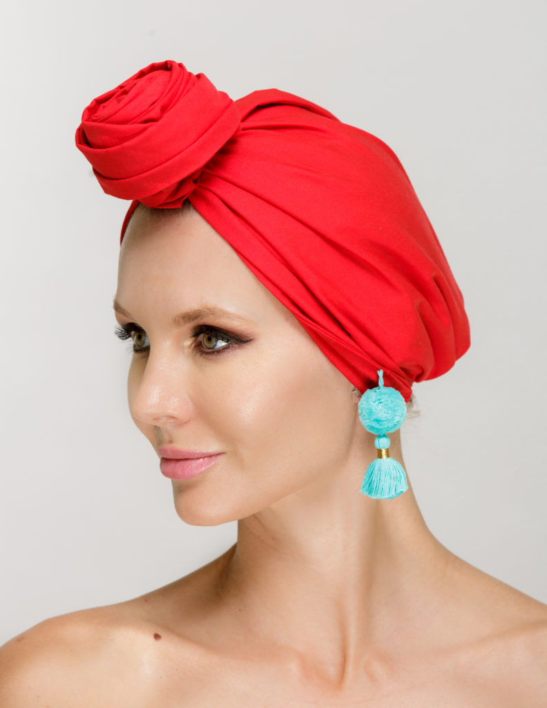 RED TURBAN WITH AQUA TASSLES - Shapoh